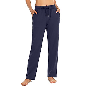 SANTINY Women's Cotton Sweatpants Yoga Lounge Casual Pants Open Bottom Sweat Pants for Women with Pockets (Navy_XL)