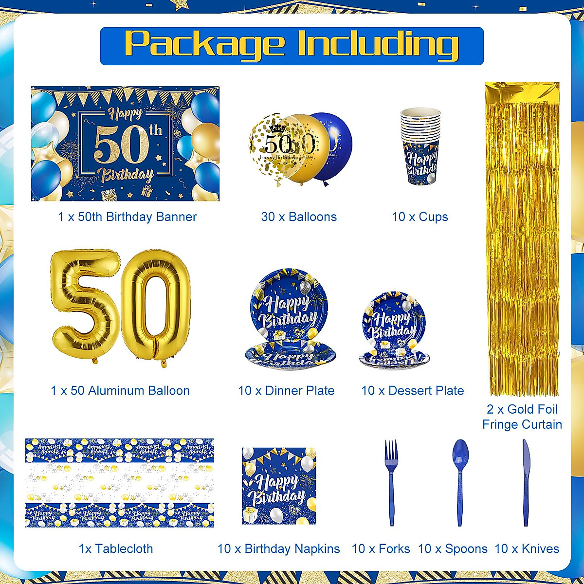 105Pcs Blue Gold 50th Birthday Decorations for Men Includes Navy Blue Happy 50th Birthday Banner 50th Birthday Balloons Gold Foil Fringe Curtains Tableware Set for 50th Birthday Party Supplies