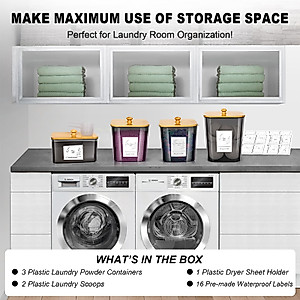 Zingbee 4 Pack Laundry Powder Container & Dryer Sheet Holder with Lids, Scoops & Labels - Plastic Laundry Organizer and Storage Jars for Pods, Detergent