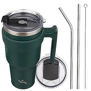 Konokyo 40 oz Tumbler with Handle and 2 Straw 2 Lid, Insulated Water Bottle Stainless Steel Vacuum Cup Reusable Travel Mug,Army Green