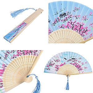 Zonon 4 Pack Handheld Floral Folding Fans Hand Held Fans Silk Bamboo Fans with Tassel Women Hollowed Hand Foldable Fan with Fabric Sleeve for Dancing Wedding Decoration Gifts(Classic)