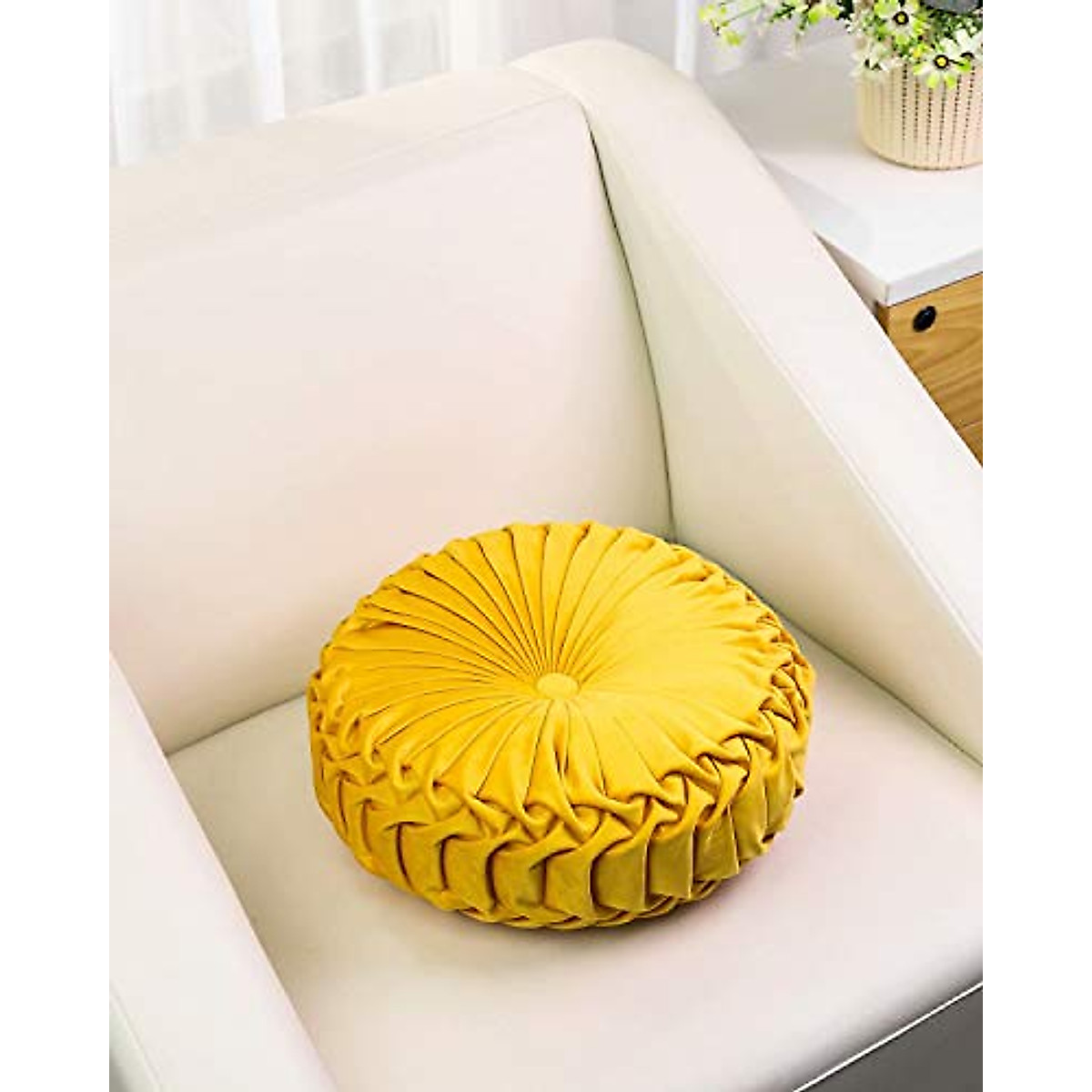 HLOVME Throw Pillow for Couch Decorative 3D Pumpkin Round Velvet Cushion for Sofa Bed Chair Floor 15"X15", Yellow
