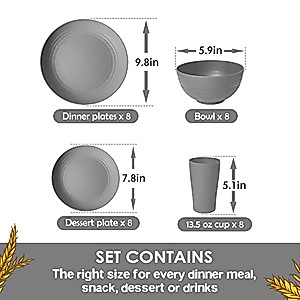 Teivio 32-Piece Kitchen Plastic Wheat Straw Dinnerware Sets, Service for 8, Dinner Plates, Dessert Plate, Cereal Bowls, Cups, Unbreakable Plastic Outdoor Camping Dishes, Grey