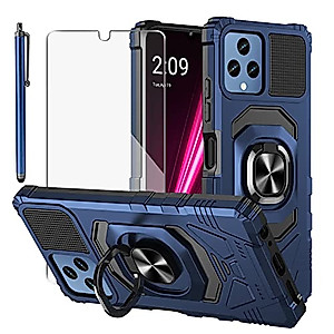 for T-Mobile REVVL 6 Case, with Tempered Glass Screen Protector Heavy Duty Protection Technology Built-in Kickstand Rugged Shockproof Protective Phone Case(Blue)