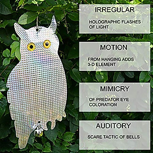 Home-X Guard Owl Decoy for Yard, Reflective Bird Deterrent Decoration with Bells