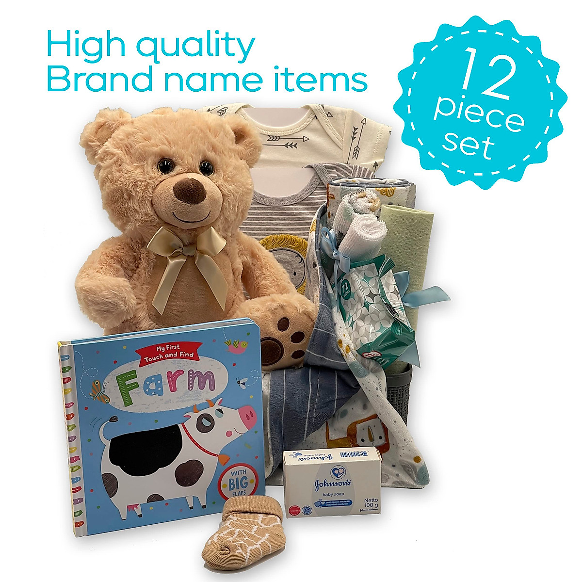 Baby Boy Gift Basket Set Great for Newborn Essentials, New Baby Gift Basket Kit, Baby Shower Gifts, Welcome Home Bundle for Boys, Gender Reveal, Congratulations to New Mom, New Baby Registry Box, More