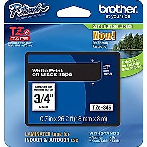 Brother TZe-345 18mm (0.75 ), Length of 8M, White on Black Label Tape