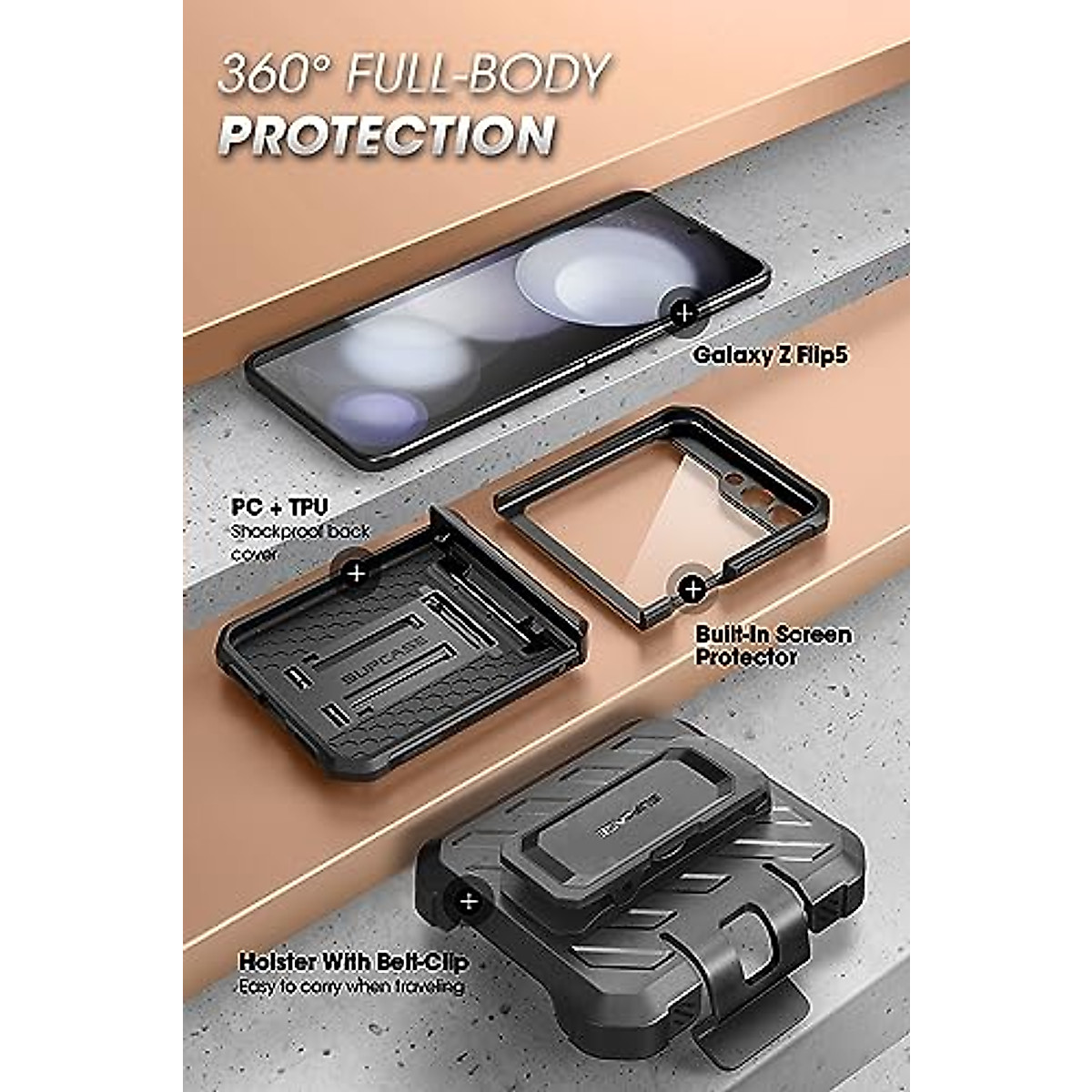 SUPCASE for Samsung Galaxy Z Flip 5 Case with Stand & Belt-Clip (Unicorn Beetle Pro), [Hinge Protection] [Front Screen Protector] Dual Layer Rugged Protective Phone Case for Galaxy Z Flip 5, Black