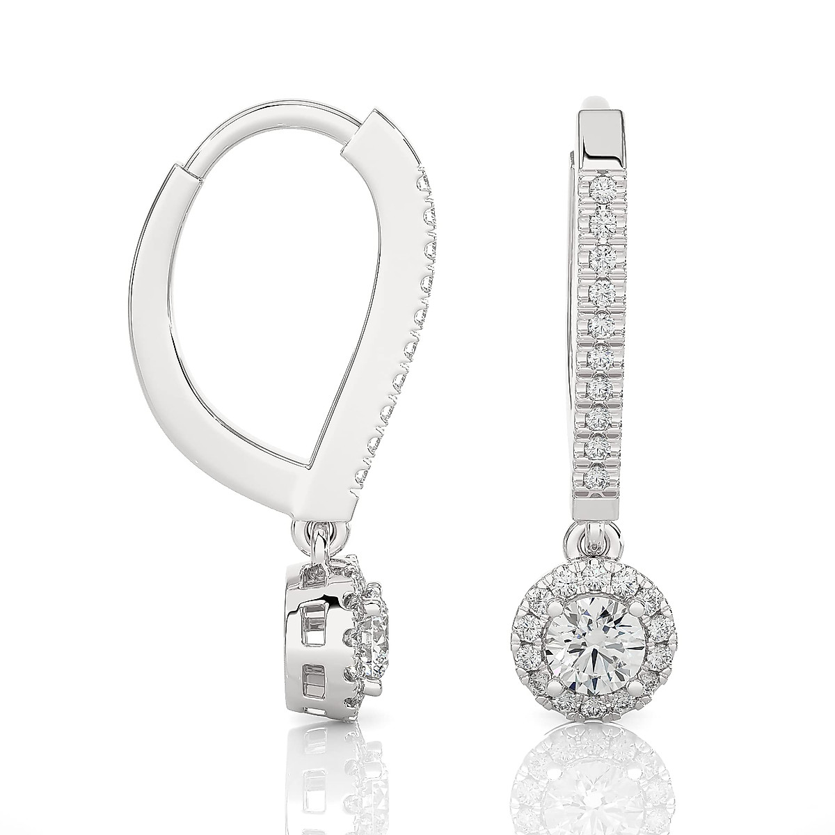 1 Carat Diamond Round Halo Dangle Earrings for Women in 14k White Gold (F-G, SI2-I1, cttw) Leverback by Privosa Fine Jewelry