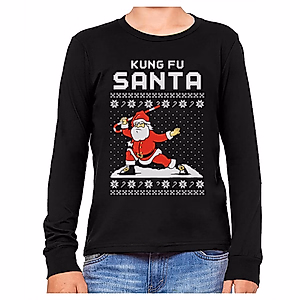 Kungfu Santa Claus Funny Youth Kids Ugly Christmas Shirt Tacky Sweater Style Xmas Holiday Long Sleeve T-Shirt Medium Black