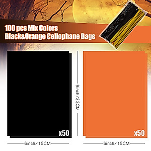 Whaline 120Pcs Mix Halloween Colors Cellophane Bags with Twist Ties Orange Black Cello Bags Halloween Plastic Goodie Treat Bags Halloween Candy Snack Bags for Halloween Party Favor Supplies, 6 x 9