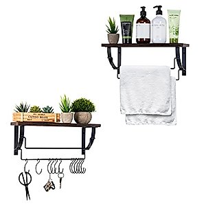 LAVIEVERT Floating Shelves Wall Mounted, Rustic Wood Shelves with 2 Towel Bars and 12 Removable Hooks, Decor Storage Shelves for Bedroom, Living Room, Bathroom, Kitchen, Office - Set of 2