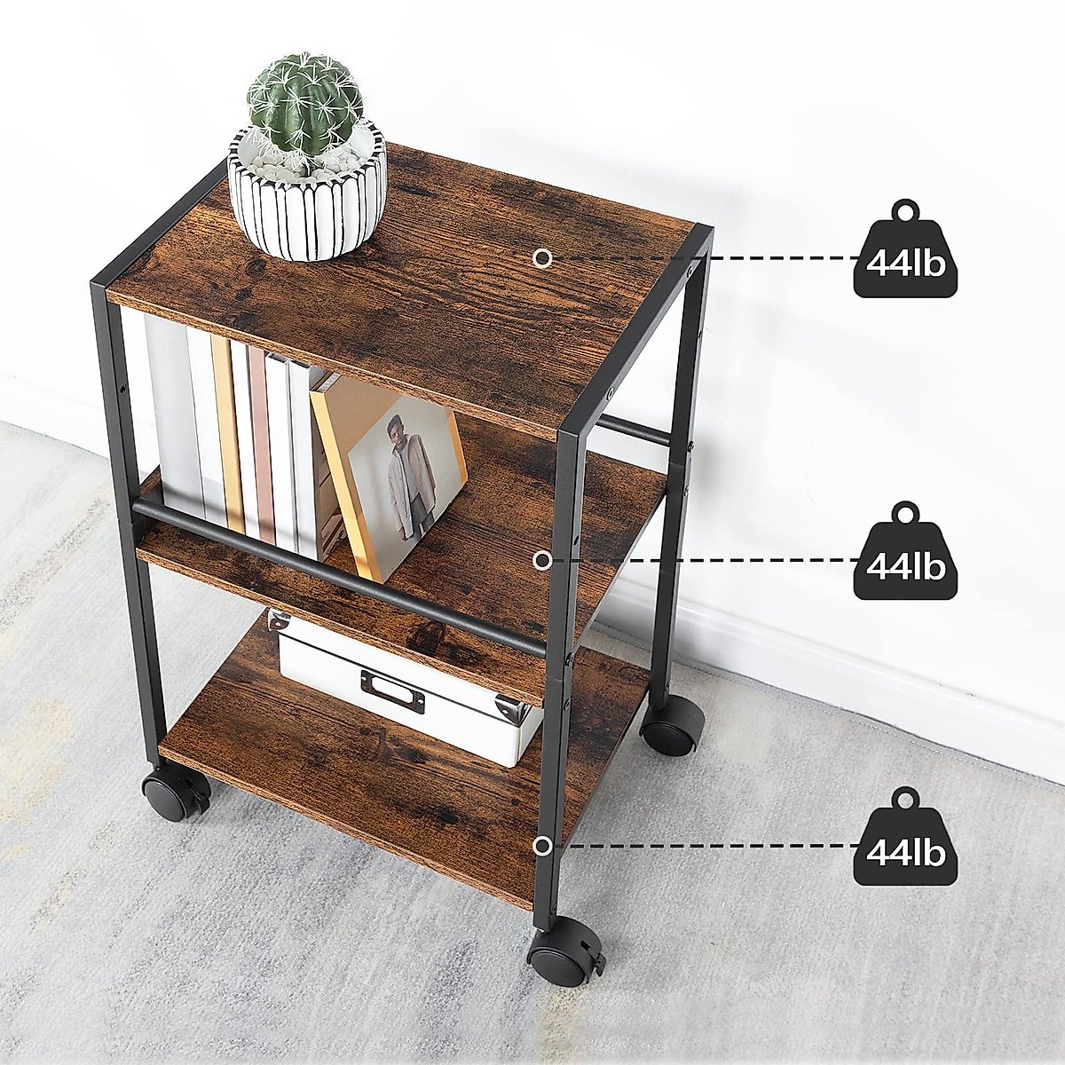 MAHANCRIS Printer Stand with Adjustable Storage Shelf, 3-Tier Computer Tower Stand with 2 Hooks, Rolling Printer Cart for Home Office Small Spaces, CPU Stand with Wheels, Rustic Brown PTHR6001Z