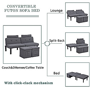VUYUYU Convertible Futon Sofa Bed with Two Storage Ottoman/Coffee Table, Folding Loveseat Sleeper, Small Futon Couch for Compact Living Space, Apartment, Dorm, Bedroom, 3 Angles/Metal Legs