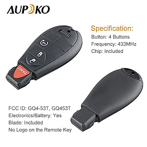 Aupoko GQ4-53T 4 Buttons Keyless Entry Fob, 2 PC Programmable Remote Keys, Replace# 56046955,56046955AG, 56046955AA, 56046955AB, Compatible with 2013-2018 Dodge Ram 1500 2500 3500