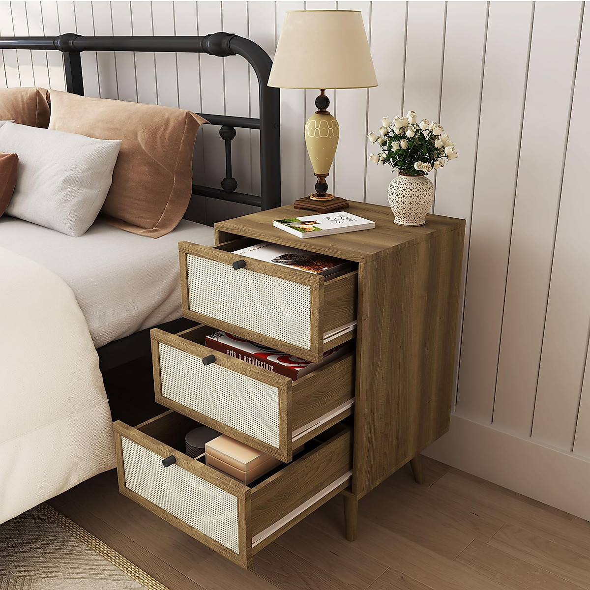 PHOYAL Rattan Nightstand Set of 2, End Table Rattan Bedside Table with Storage 3-Drawer Side Table with 3 Hand Made Rattan Decorated Drawers Wood Accent Table, Walnut 2 Pack