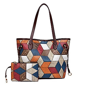 Downupdown Vintage Women Handbags and Purse Set Multicolor Patchwork Tote Bags Handmade Soft Leather Shoulder Bag Zipper Wallet 2 Pcs -Blue