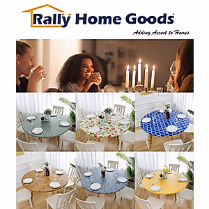 Rally Home Goods Indoor Outdoor Patio Round Fitted Vinyl Tablecloth, Flannel Backing, Elastic Edge, Waterproof Wipeable Plastic Cover, White Marble Pattern for 10-Seat Table of 57-72’’ Diameter