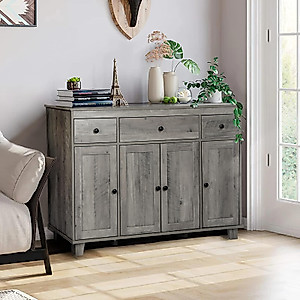 VOWNER Modern Farmhouse Sideboard Buffet Cabinet with Storage, 47.2" Large Kitchen Storage Cabinet with 3 Drawers and 4 Doors, Coffee Bar Cabinet for Kitchen, Dining Room, Living Room