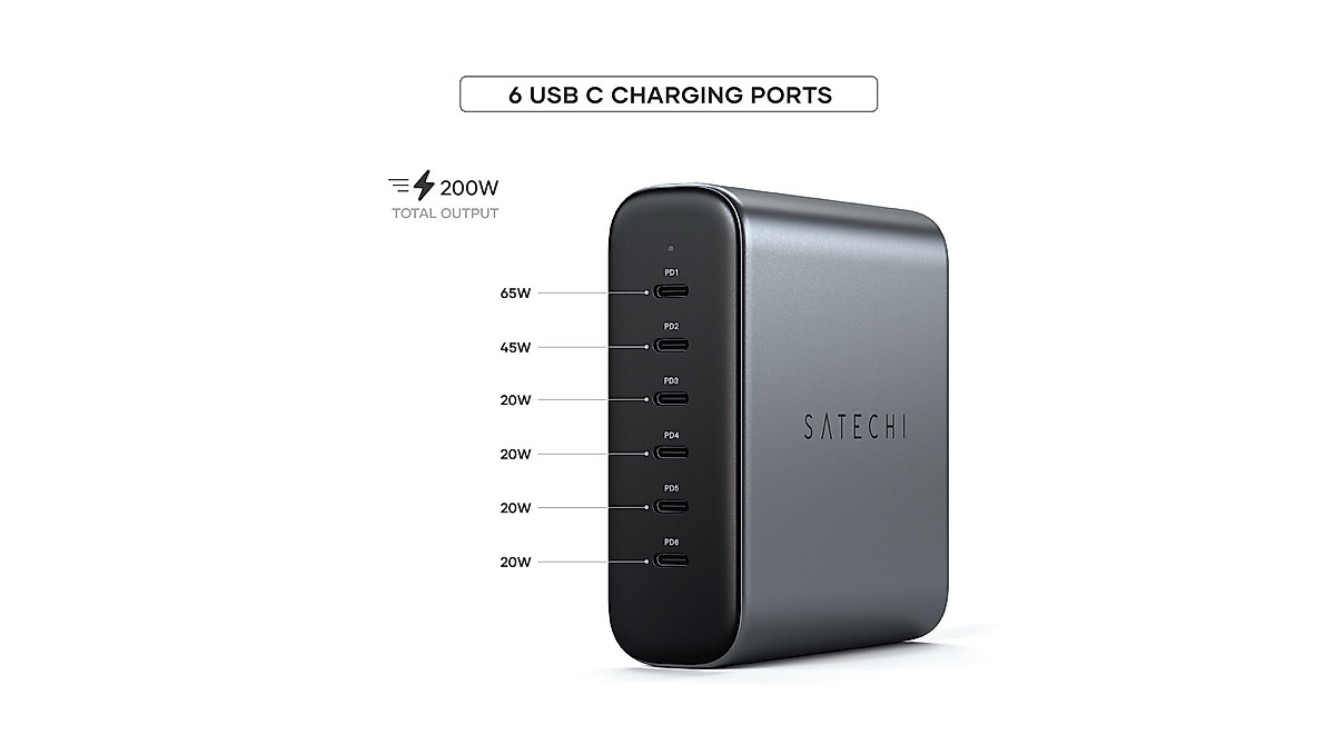 Satechi 200W 6-Port GaN USB-C Charger - Fast & Compact