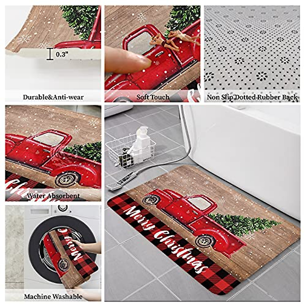 Christmas Bath Rugs Red Truck With Xmas Tree Sponge Doormat Absorbent Non Slip Durable Flannel Mat Red Black Check Plaid Retro Wood Grain Christmas Memory Foam Mats for Bathroom Kitchen 18 x 30 inches