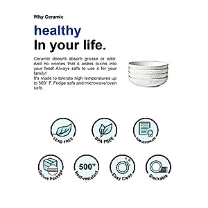LE TAUCI Pasta Bowls, 42oz Large Salad Bowl, Serving Plate House-warming Wedding Gift, Ceramic Embossment Stoneware Bowl for Fruits, Noodle, Dinner - 9 Inch, Set of 4, Arctic White