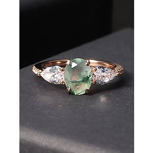 Gem's Beauty Gifts for Her 1.19CT Natural Moss Agate Rose Gold Engagement Ring Sterling Silver Women's Gold Rings Moss Agate Jewelry(Size7)
