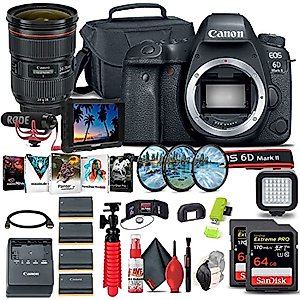 Canon EOS 6D Mark II DSLR Camera (Body Only) (1897C002) + 4K Monitor + Canon EF 24-70mm Lens + Pro Mic + Headphones + 2 x 64GB Card + Case + Filter Kit + Photo Software + More (Renewed)