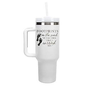 Elanze Designs Footprints In The Sand Walk With Faith 40 oz. Stainless Steel, Large Water Bottle Coffee Mug, Spill & Leak Resistant, Thermal Travel Tumbler with Handle, Lid & Straw, White