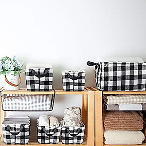Boao 6 Pcs Buffalo Plaid Basket Square Storage Basket Buffalo Check Basket Bin Solid Storage Organizer with Handles Collapsible Square Organizer for Home Office (Black, White, Plaid Style)