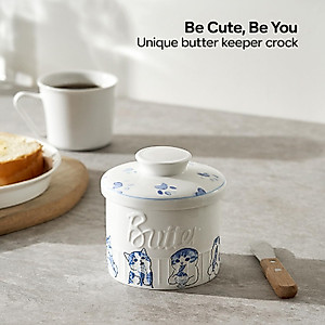 Toptier Butter Crock for Counter With Water Line, On Demand Spreadable Butter, Ceramic Butter Keeper to Leave On Counter, French Butter Dish with Lid, (Greedy Cat War)