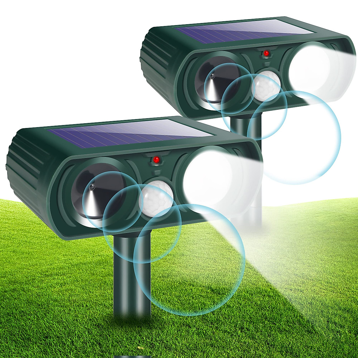 Solar Ultrasonic Animal Repellent Outdoor,Deer Repellent Cat Deterrent with Motion Sensor & Flashing Light Animal Repeller to Repel Dog Squirrel Rabbit Raccoon Skunk Coyote Out of Yard Garden,2 Pack