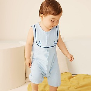 pureborn Baby Boy's Nautical Romper Sleeveless Summer Naval Style Cotton Sailor One Piece Outfit Blue Anchor 6-9 Months