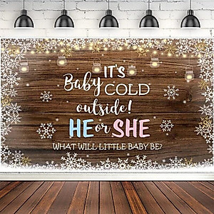 Wooden Gender Reveal Party Photography Backdrop It's Cold Outside He or She Baby Shower Background Winter Snowflake Banner 240x180