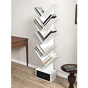Panana Tree Bookshelf with Drawer, 8-Tier Wooden Storage Rack Wisdom Tree Book Holder Bookshelves Organizer for Living Room, Bedroom, Home Office (White)