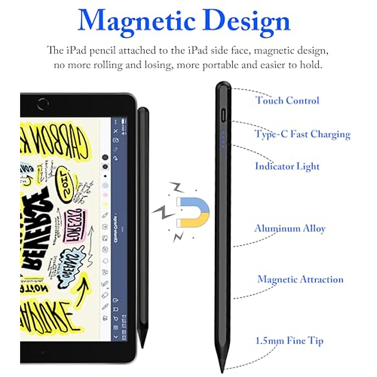 Active Stylus Pens for Touch Screens, DOGAIN Pencil for Android, Rechargeable Tablet Pen POM Tip Magnetic iPad Pencil for iPad/Pro/Air/Mini/iPhone/Samsung/Lenovo/iOS/Android and Other Touch Screen