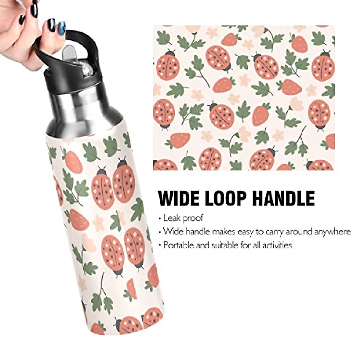 xigua Ladybug Water Bottle Double Walled Stainless Steel Leak Proof Thermo Flask for Sports Gym Cycling Outdoor,20 oz.