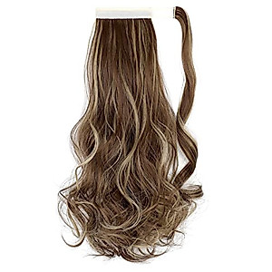 FELENDY 18" 20" 22" 24" Ponytail Extension Curly Wavy Straight Drawstring Hairpiece Wrap Around Long Synthetic Hair for Women(Ash Blonde Mix Light Brown)