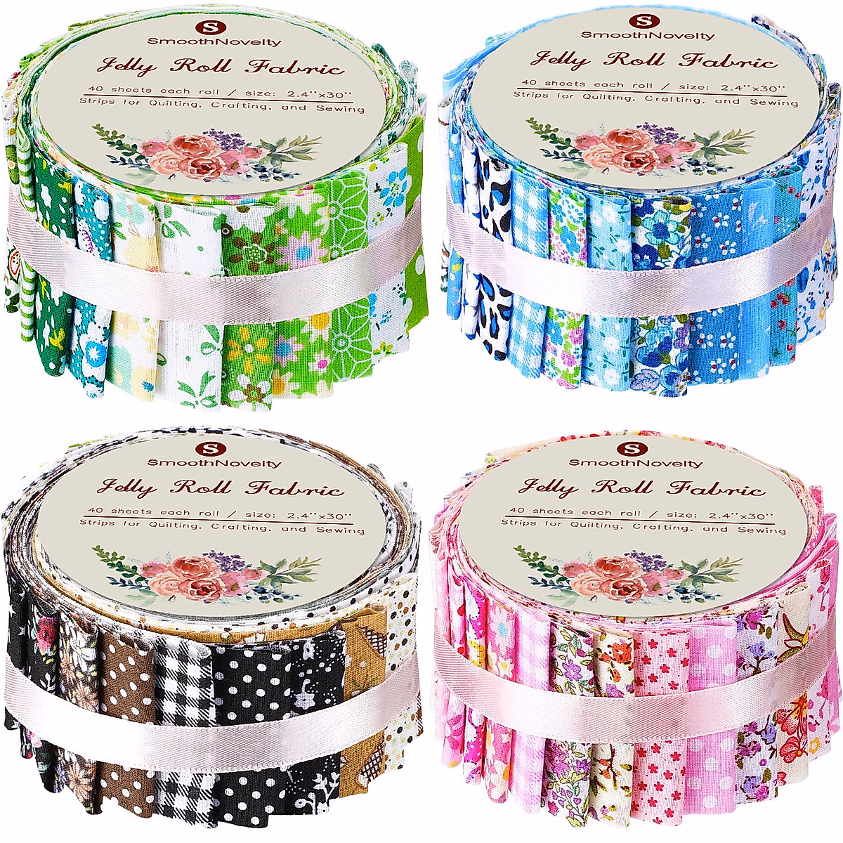 SmoothNovelty 160 Pcs 4 Roll Fabric Strips Assorted Quilting Fabric for Quilting Crafting and Sewing Rolled Cotton for Crafts Blanket Rug Upholstery and Purse Making (Warm Printing Style)