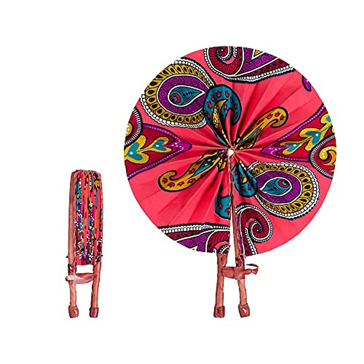 Ghana Handmade Colorful Ankara African Print Handheld Bolga Folding Fan With Leather Handles Handheld African Fabric Folding Fan (Multi 7)