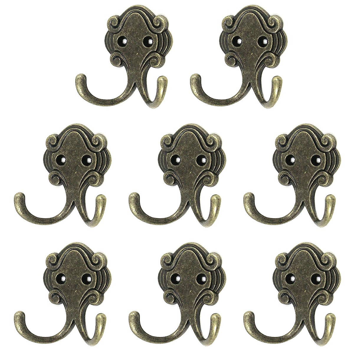 Coshar 8 pcs Bronze Hook Antique Hook Double Prong Hook for Hanging Towel Coat Scarf Key and Cap