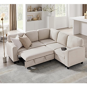 RedLemon Sectional Sleeper Sofa with Pull Out Couch Bed, 80'' Convertible L Shaped Couch with Storage Chaise & USB Charging Port, Comfy Sofa Couch for Living Room, Apartment, Beige