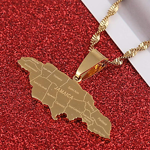 Stainless Steel Map of Jamaica With City Pendant Necklaces for Women (Gold Color)