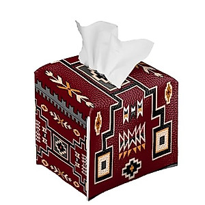 Gearider PU Leather Tissue Box Holder, Brown Aztec Tribal Modern Square Tissue Box Cover Decorative Paper Facial Case Dispenser for Bathroom, Office, Car, Home Decor