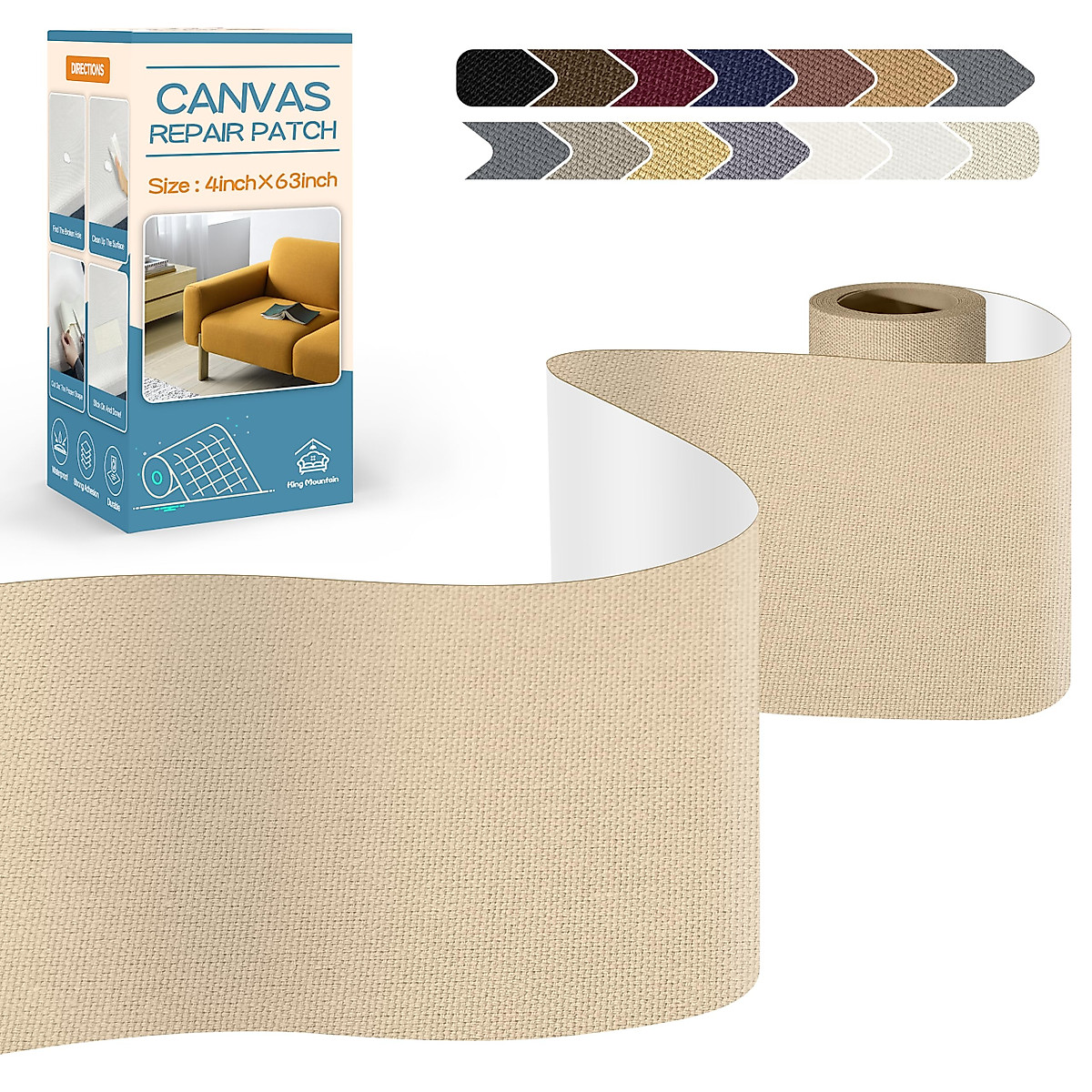 KING MOUNTAIN Canvas Repair Tape,Outdoor Gear Patch, 4×63 Inches,Waterproof,Self-Adhesive for Repairing Boat Covers,Sun Shades,Sofas,Tents,Lounge Chairs,Awnings (Khaki)