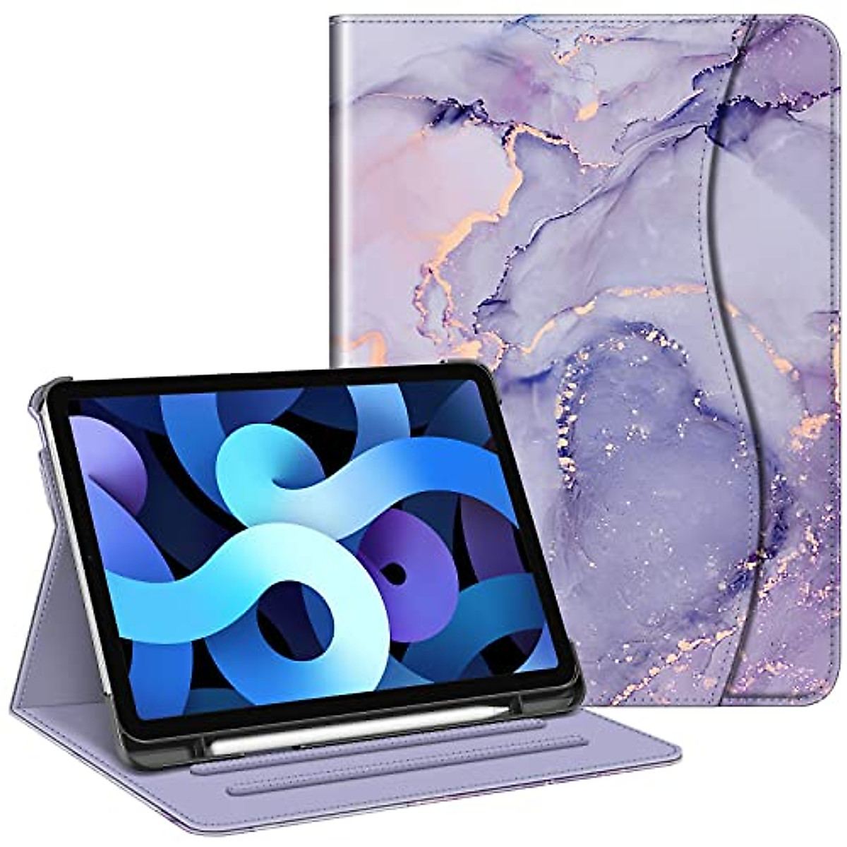 Fintie Case for iPad Air 5th Generation (2022) / 4th Generation (2020) 10.9 Inch, Multi-Angle Viewing Protective Cover with Pencil Holder & Pocket, Auto Sleep/Wake, Lilac Marble