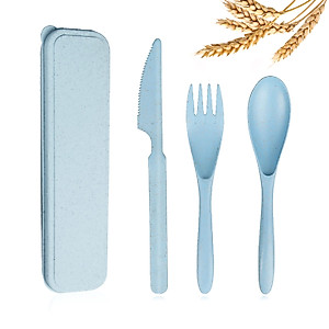 YDYTOP Reusable Travel Utensils Set with Case, Blue Wheat Straw Portable Knife Fork Spoons Tableware, Eco-Friendly BPA Free Cutlery for Kids and Adults as Travel Picnic Camping Utensils