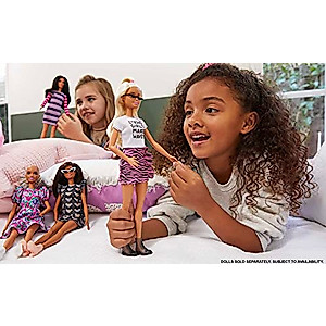 Barbie Fashionistas Doll #150 with No-Hair Look Wearing Pink Floral Dress, White Booties & Earrings, Toy for Kids 3 to 8 Years Old