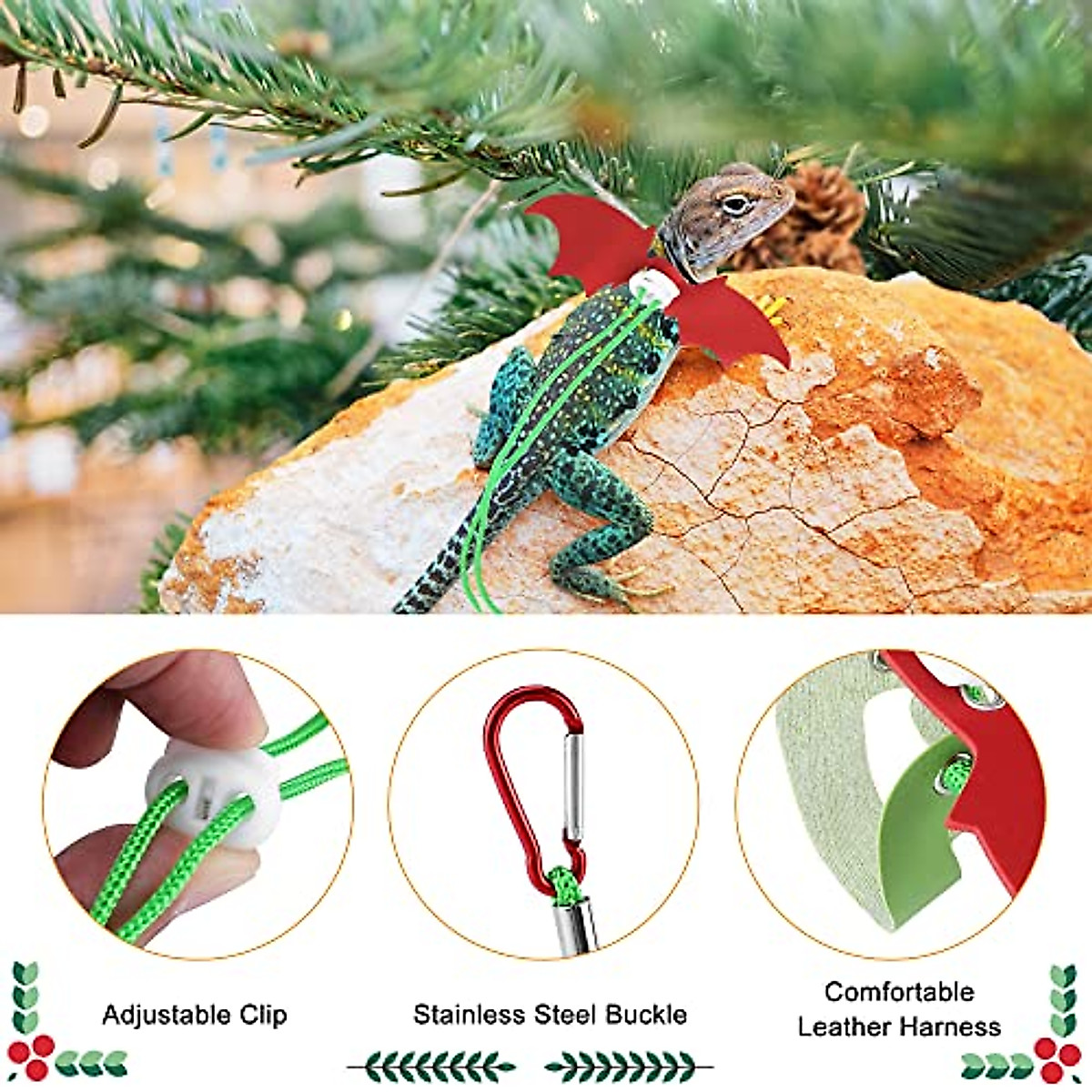 Filhome Christmas Bearded Dragon Harness and Leash with Wings Hat Scarf, 8 Pcs Lizard Harness Iguana Reptile Leash Set Adjustable Elastic Chin Strap Xmas Clothing (Green)