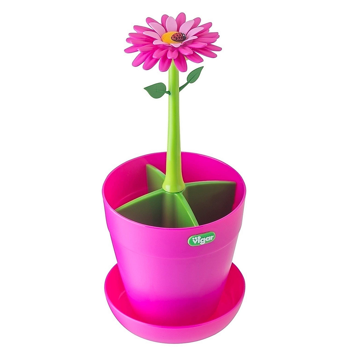 Vigar Flower Power Cutlery Drainer, Four-compartment Flatware Organizer, Flower-pot Design, Pink